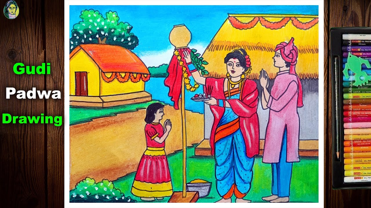 Gudi Padwa Drawing Easy | How To Draw Gudi Padwa Scenery | Happy Gudi ...