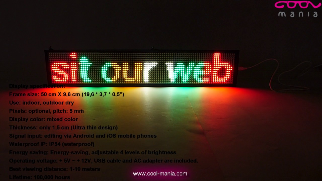 Programmable LED display 50 cm x 9,6 cm in 4 colors - red, green ...