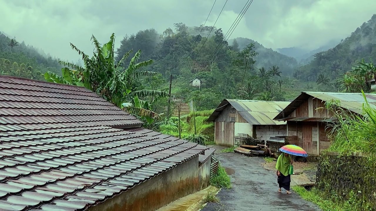 Light rain in a pretty village||rural atmosphere||Indonesian village ...