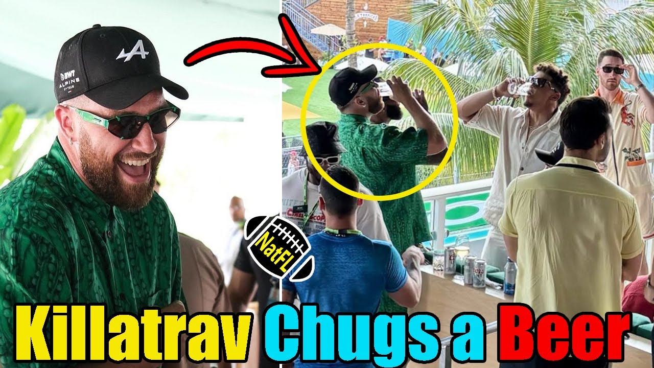 Travis Kelce & Patrick Mahomes enjoy Miami GP with a Beer Drinking ...