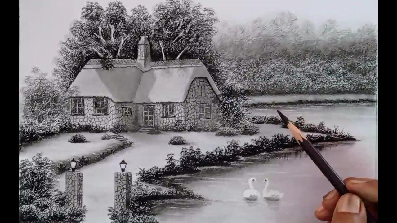 House drawing landscape scenery // Easy Pencil drawing home plant ...