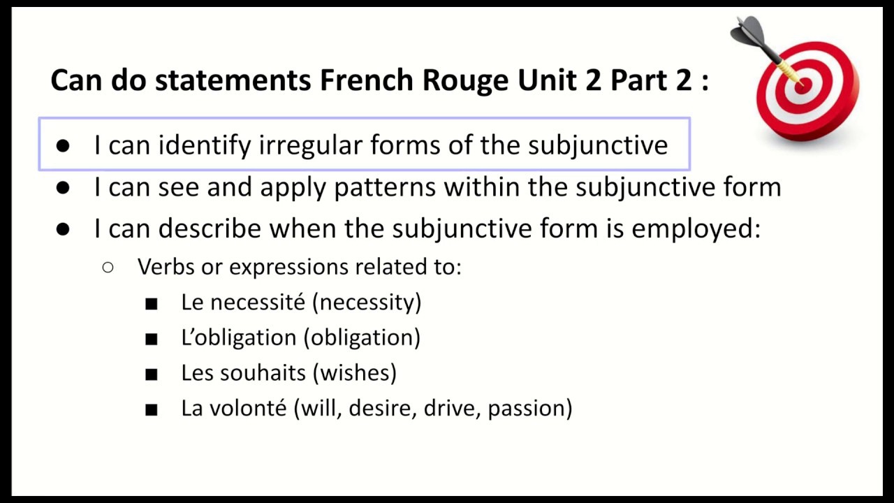 Vidéo: French Rouge Unit 2 Part 2: subjonctif: verbes irréguliers - YouTube