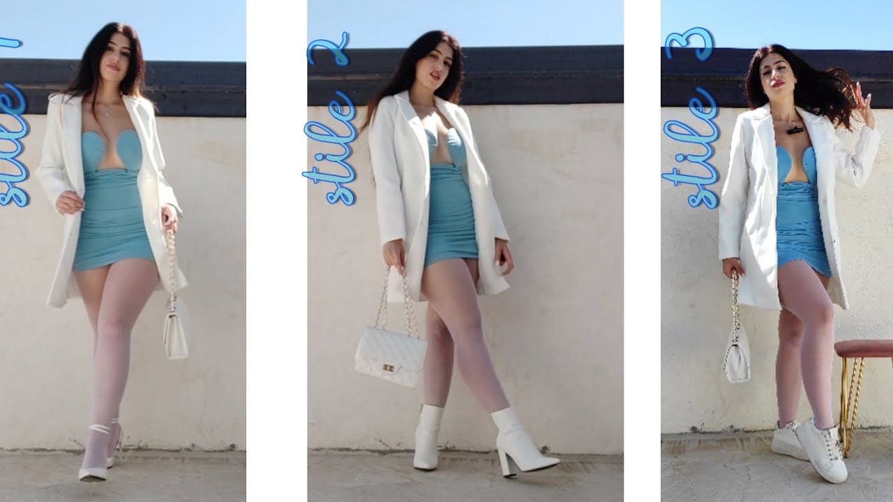White Pantyhose and Blue Dress Try on | 3 styles | vale_rovski [4k ...