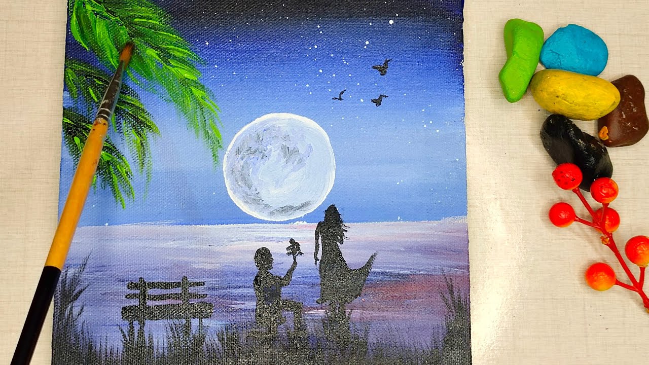 Easy Moonlight Night Painting Tutorial | Moonlight Night Scenery ...