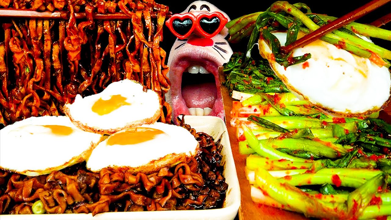 ASMR MUKBANG :) Spicy Black Bean Noodle & Green Onion Kimchi Eating ...