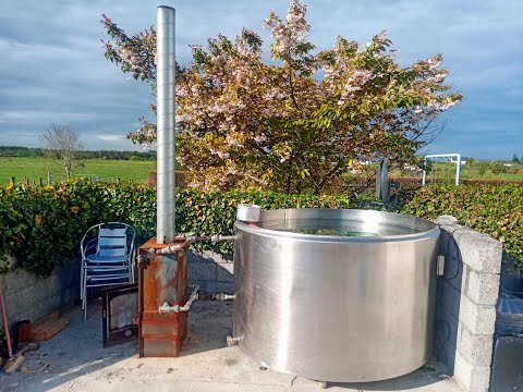 HOT TUB from a MILK TANK & wood fired water heater from a Back Boiler.