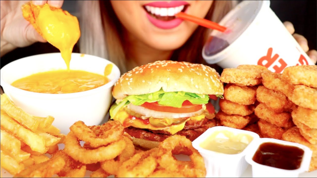 ASMR Burger King Whopper Onion Rings Chicken Nuggets Fries w Cheese ...