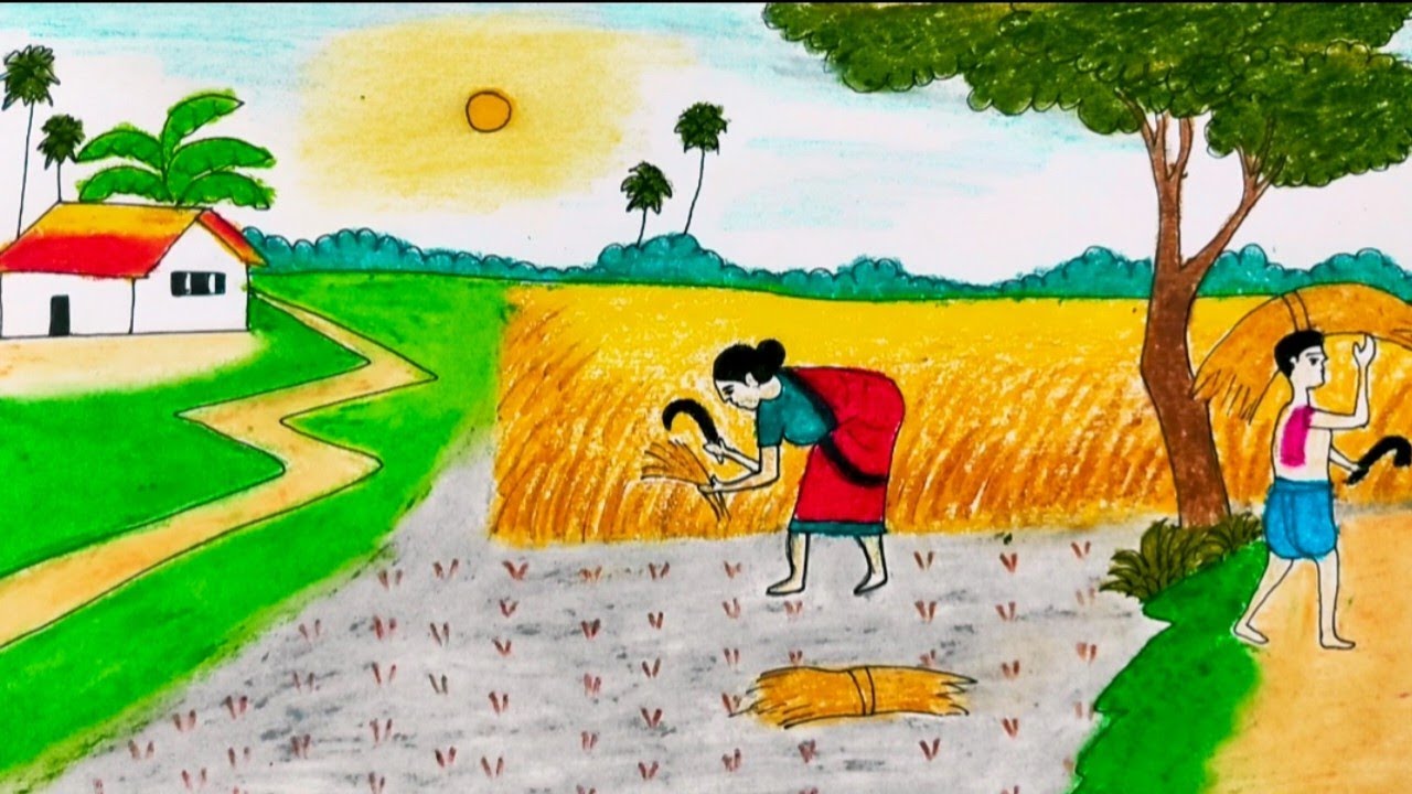 How to draw scenery of farmer working in the field (cultivation step by ...