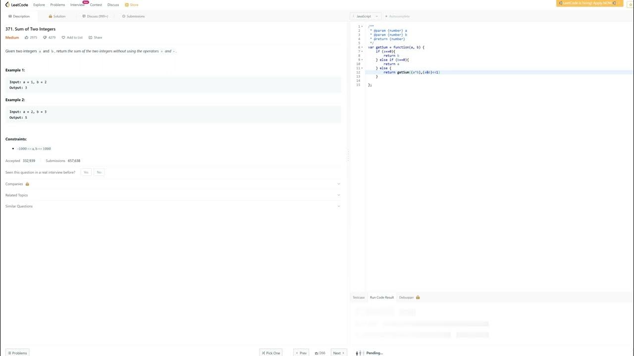 371. Sum of Two Integers - JavaScript - Fast Solution - YouTube