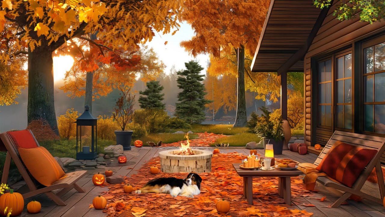 Chill Porch in Golden Autumn Garden Day w/ Evening Crickets, Pumpkins ...
