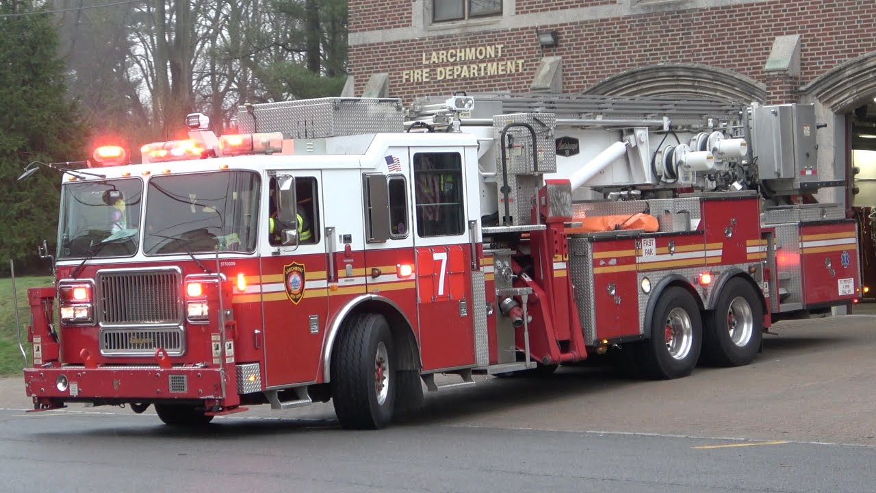 Larchmont FD *NEW-to-them* Tower Ladder 7 (Loaner) Responding - YouTube