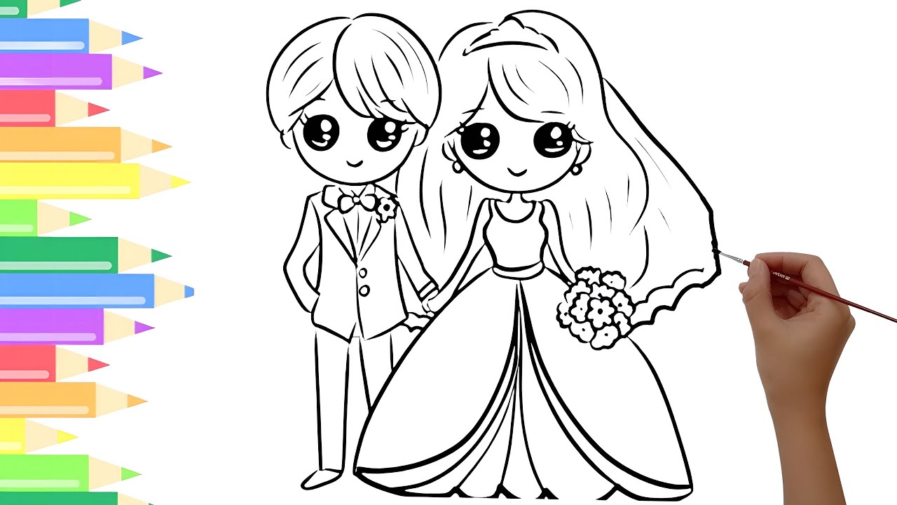 Cute Bride & Groom Drawing Painting & Colouring for kids Toddlers ...
