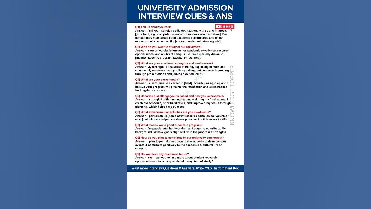 University Admission Interview Questions and Answers | College ...