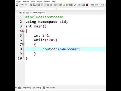 Print welcome message five times program by using while loop of C++ language #coding#education# ...