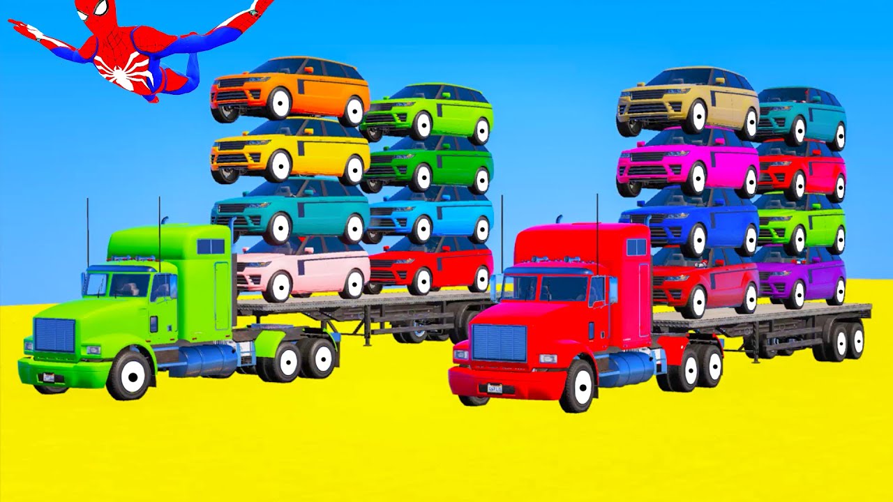 Double Flatbed Trailer Truck Long Slide Game with 12 SUV Transportation ...