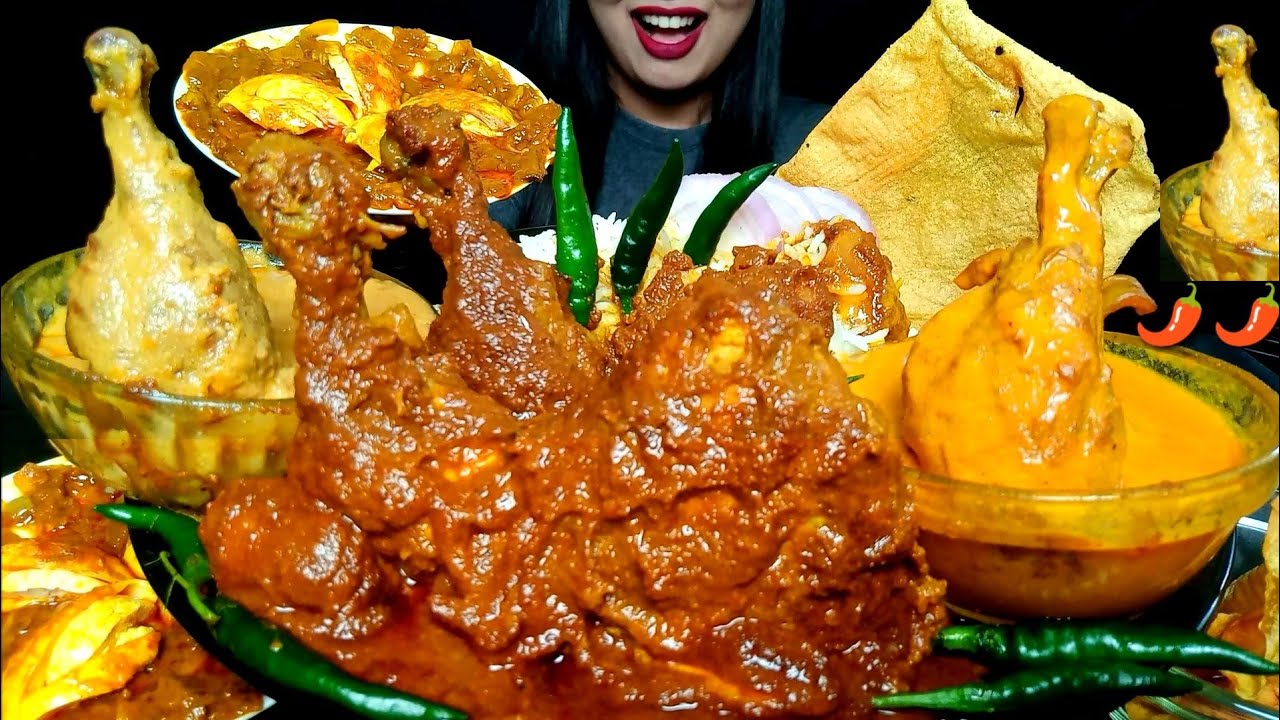 ASMR:EATING SPICY CHICKEN FULL LEG CURRY,AFGHANI & BUTTER CHICKEN,EGG ...