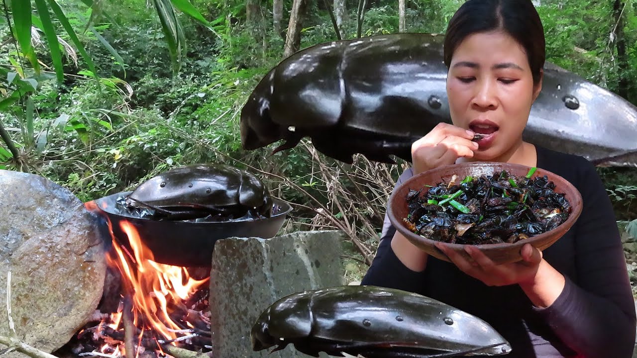 Cooking insects and peppers in the forest for lunch - Cooking skill ...