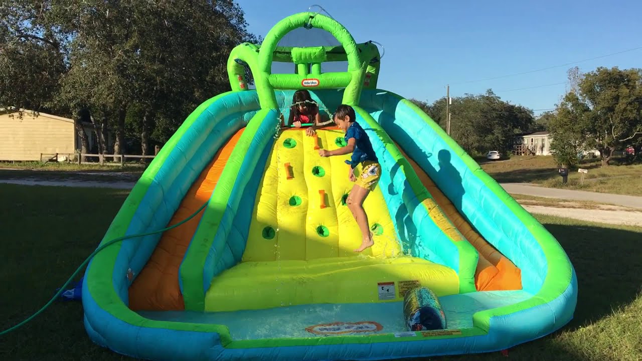 Playing on Little Tikes Dry and Wet Bouncy Water Slide - YouTube