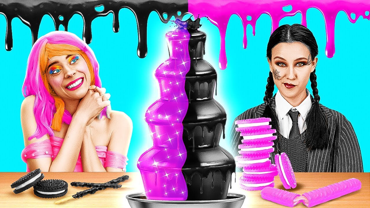BLACK VS PINK FOOD CHALLENGE Wednesday VS Enid Chocolate Fountain ...