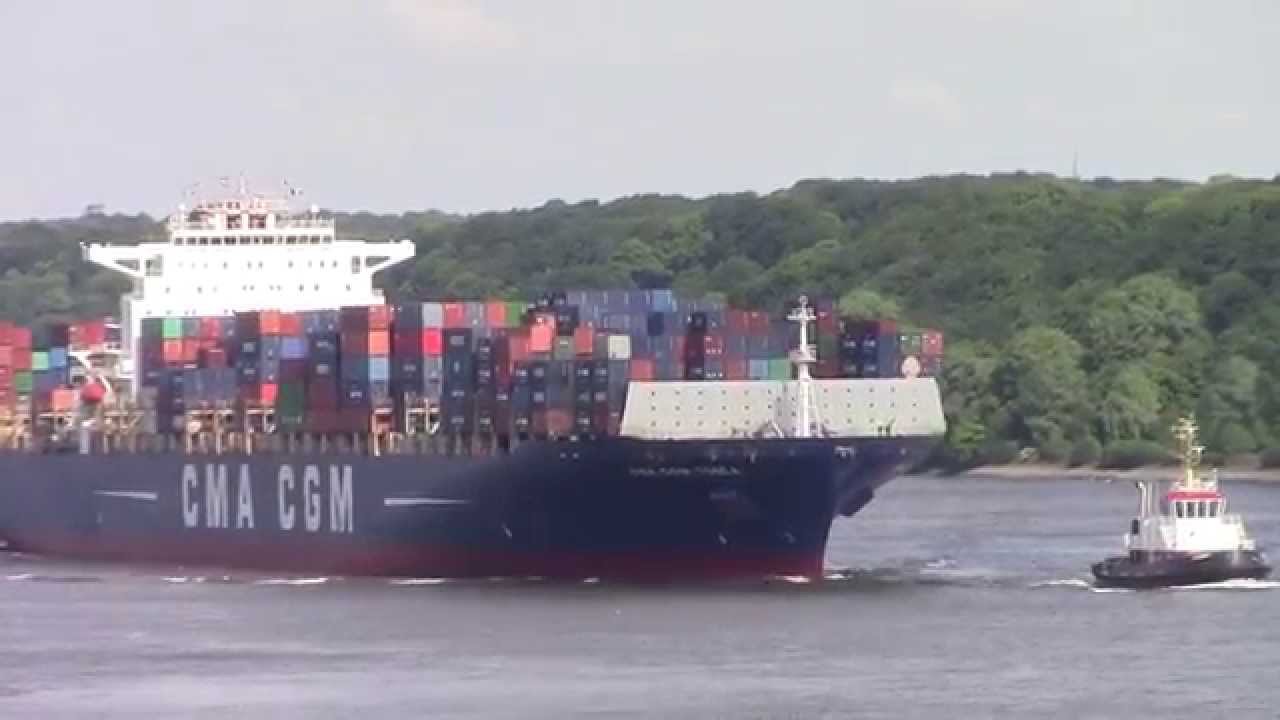 Container Ship CMA CGM TOSCA inbound into Hamburg, Germany on Elbe ...