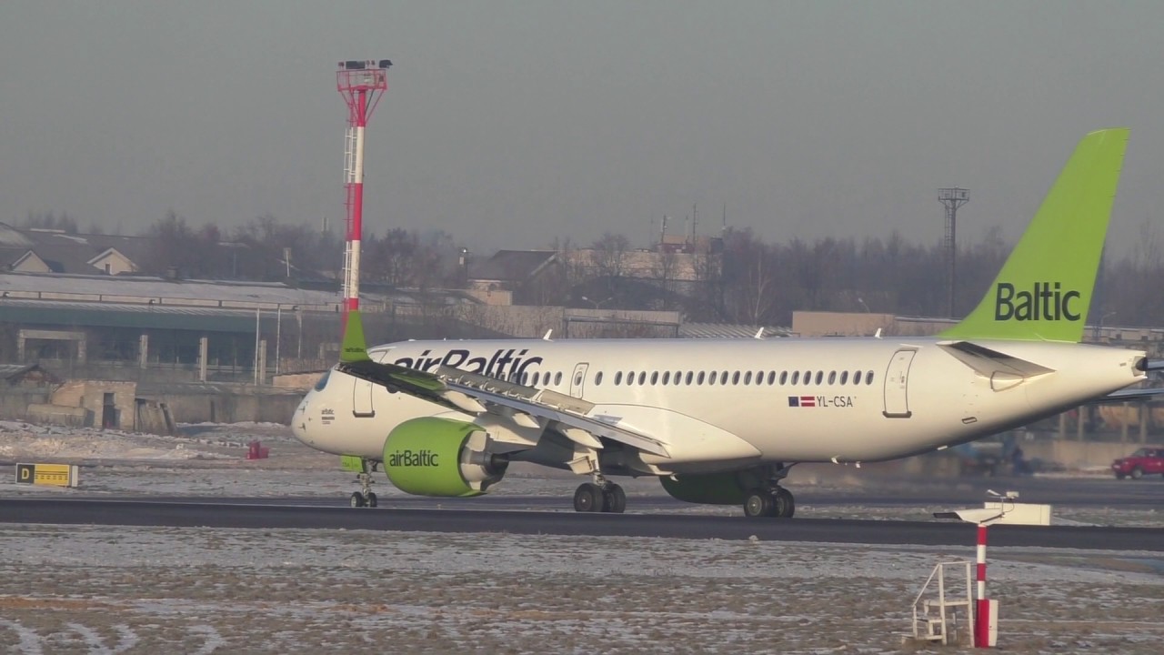 airBaltic Bombardier CS300 Takeoff from EYVI - YouTube