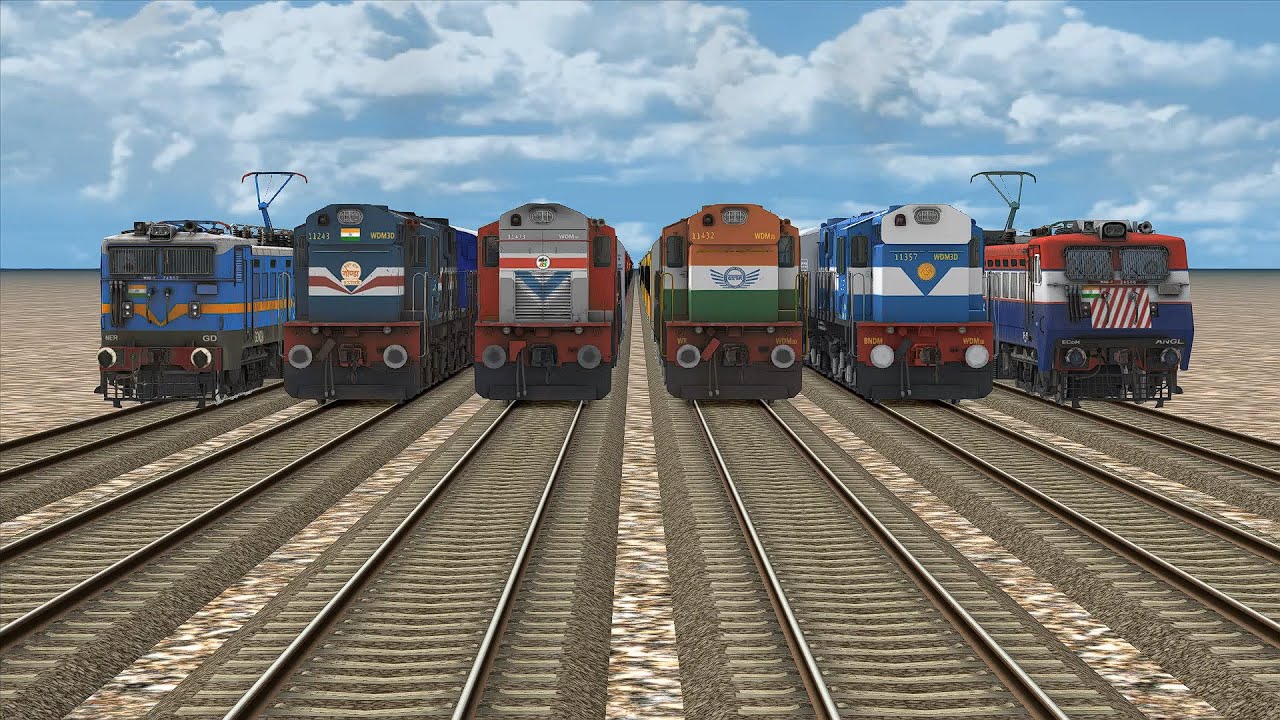 6 TRAINS CROSSING ON STRAIGHT RAILROAD TRACKS - Train Simulator Indian ...