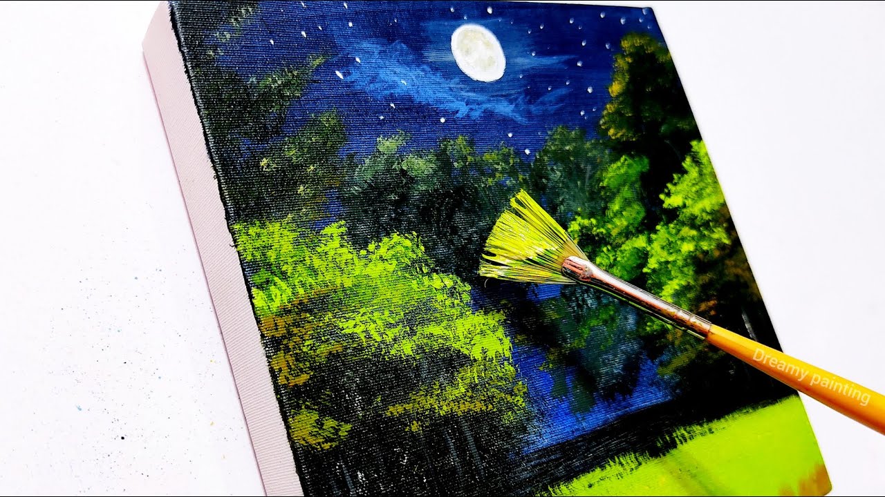 How to Paint a Moonlight scenery / Full Moon Painting / Acrylic ...