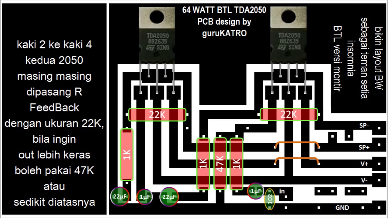 Merangkai 64 watt Audio Amplifier dengan BTL TDA2050 - YouTube