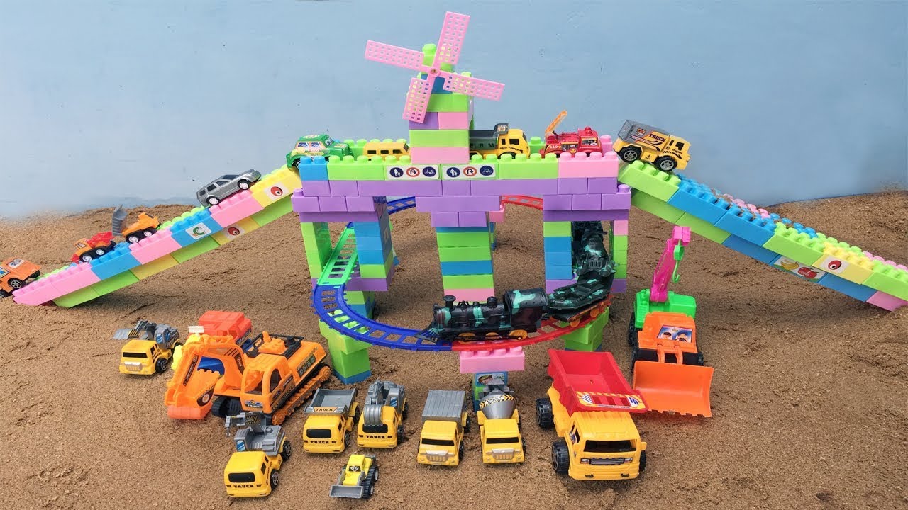 Train Toys Road Construction on the Sand | Car Toys Sky Bridge Building ...
