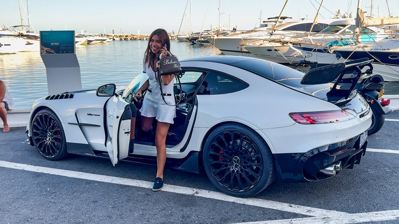 Millionaire Young Girl arriving with her MERCEDES AMG GT BLACK SERIES ...