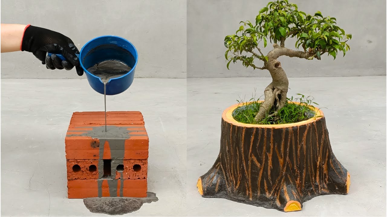 Make tree shaped flower pots from bricks and cement - YouTube