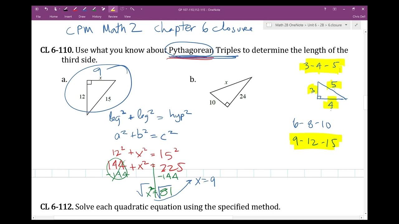 CPM Math 2 Chapter 6 Closure #6-110 (Pythagorean Triples) - YouTube