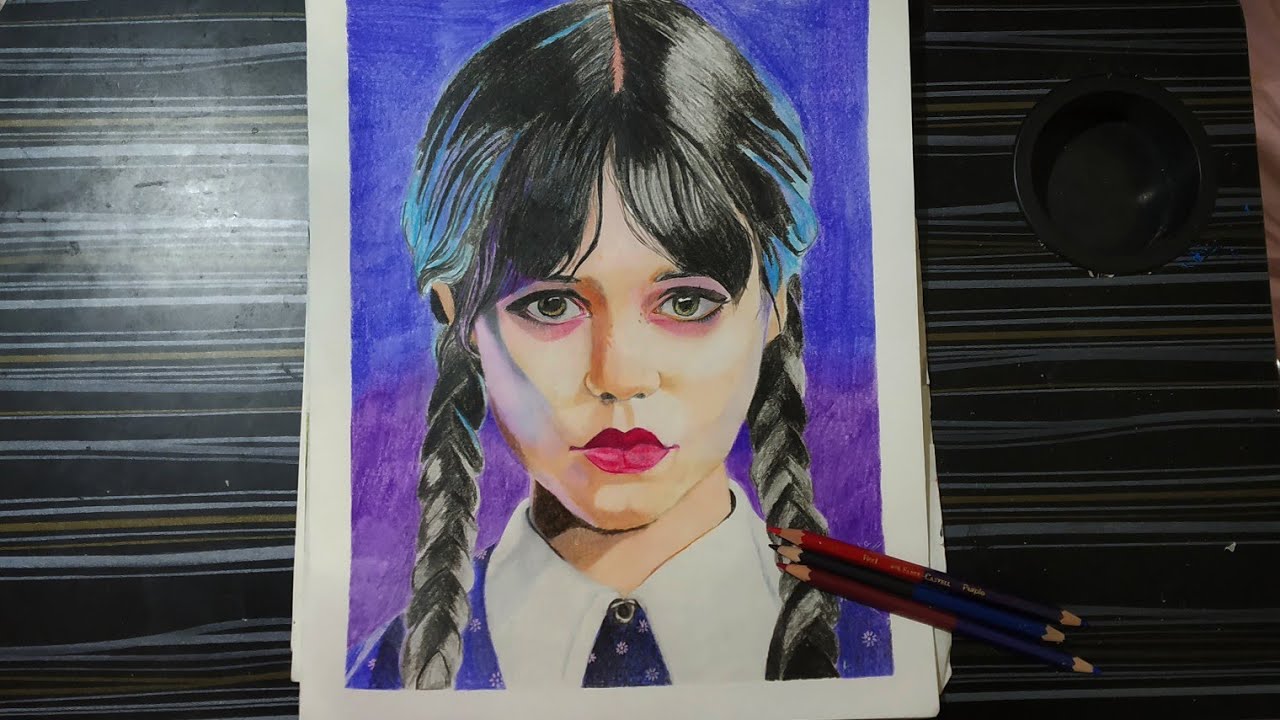 Wednesday Adams| Pencil colour drawing| How to draw Wednesday| Colour ...