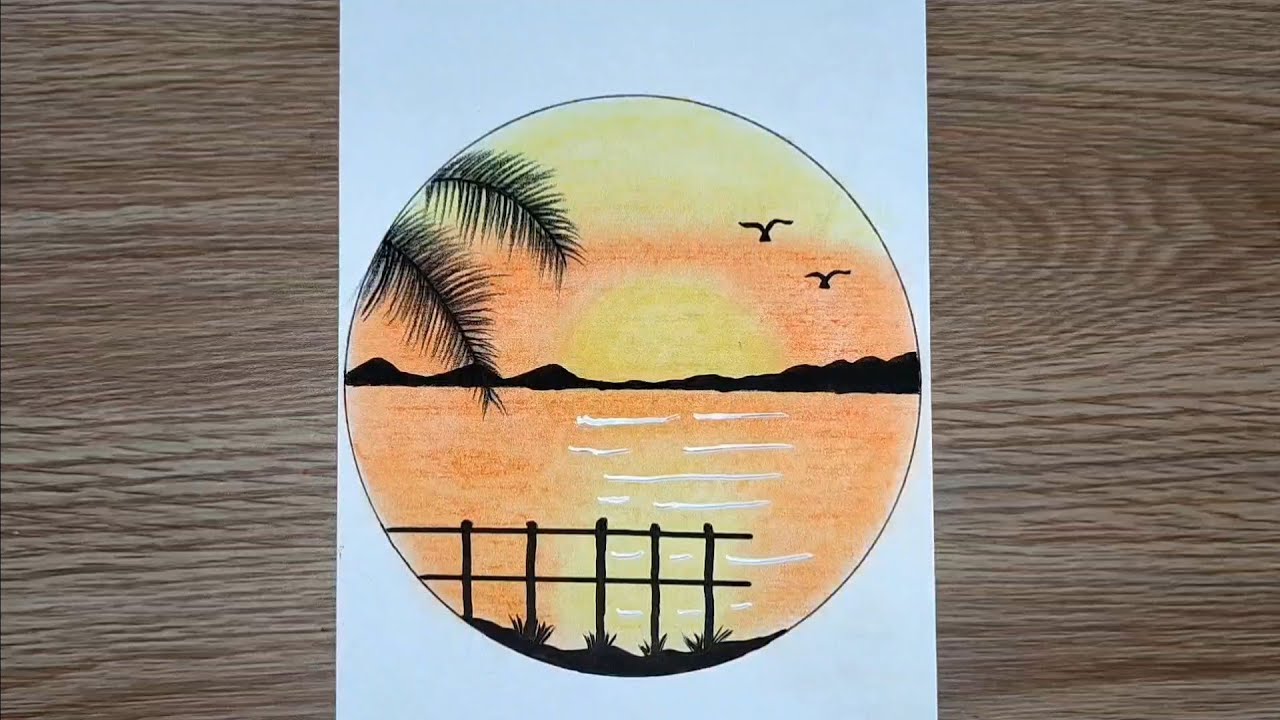 How To Draw Sunset Scenery Very Easy With Crayons Step By Step |Drawing ...