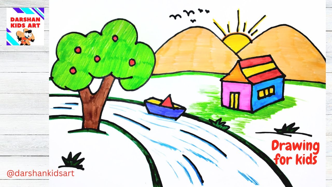 🌈 How TO DRAW BEAUTIFUL SCENERY DRAWING FOR KIDS - YouTube