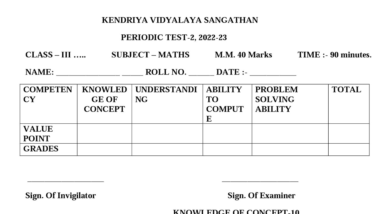 Class-3 Maths / PT-2 Sample Question Paper of PERIODIC TEST-2 For ...