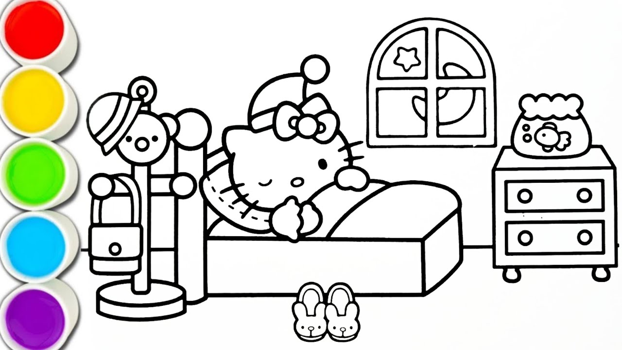 Hello kitty lying on bed & try to sleep drawing and colouring for kids ...