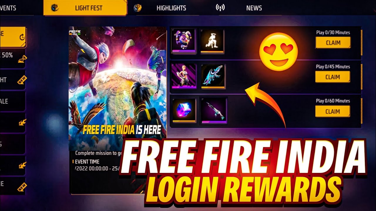 FREE FIRE INDIA LOGIN REWARDS 😍 | FREE FIRE INDIA PRE REGISTRATION ...