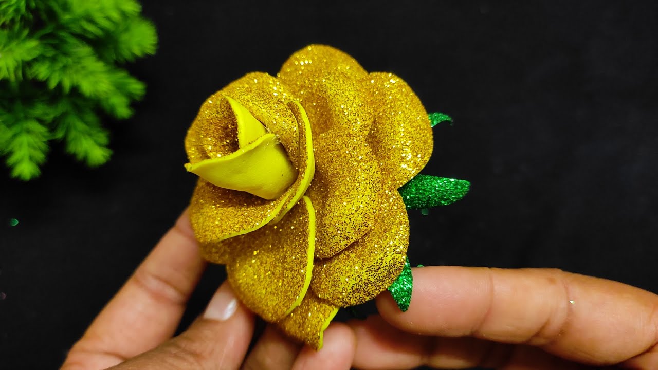 DIY Easy Foam Rose Flower || How to Make Rose Flower using glitter foam ...