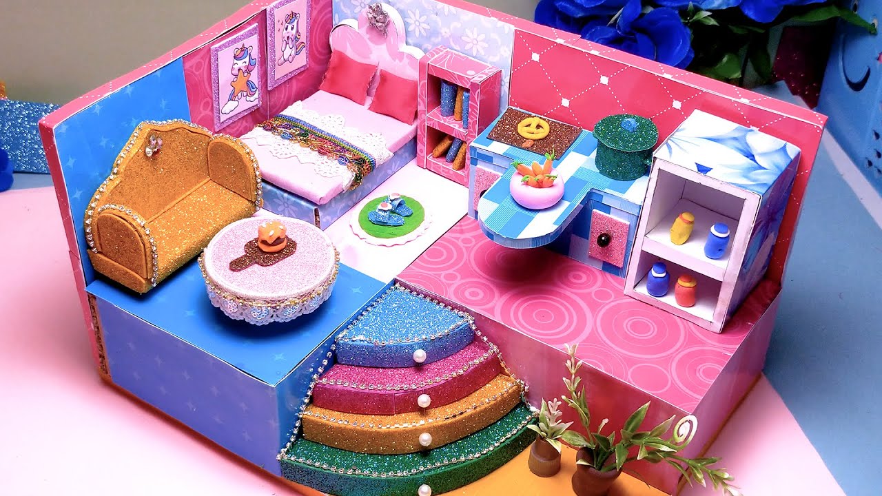 DIY Miniature Cardboard House PINK Blue Bathroom Bedroom Kitchen Living ...