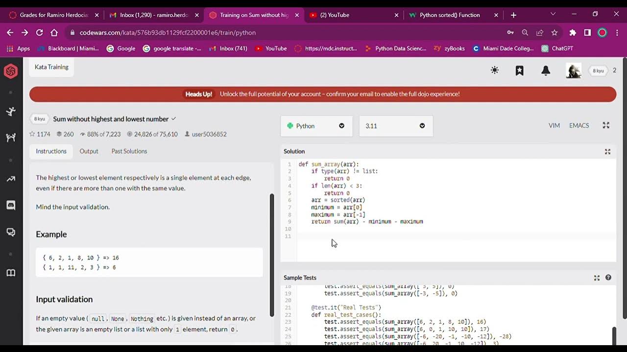 Training on Sum without highest and lowest number Codewars - YouTube