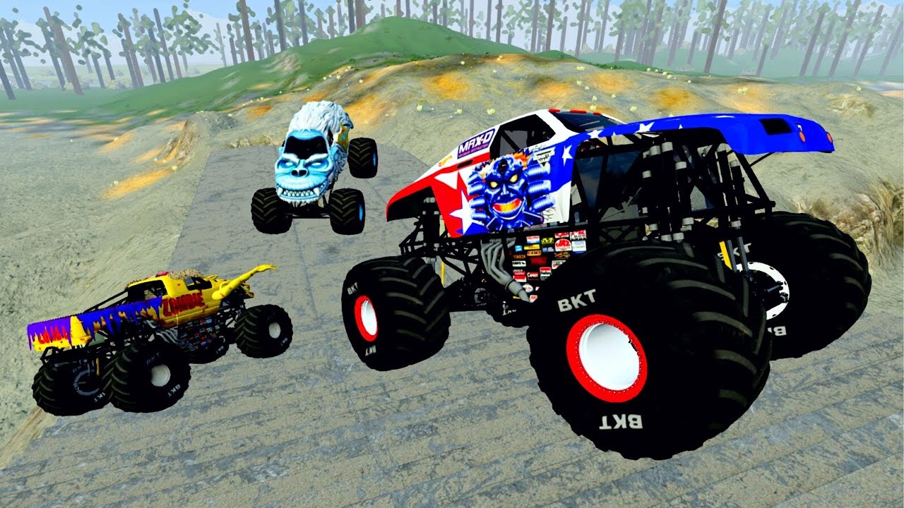 YETI and ZOMBIE Monster jam Vs US Monster Truck Stairs and Destruction ...