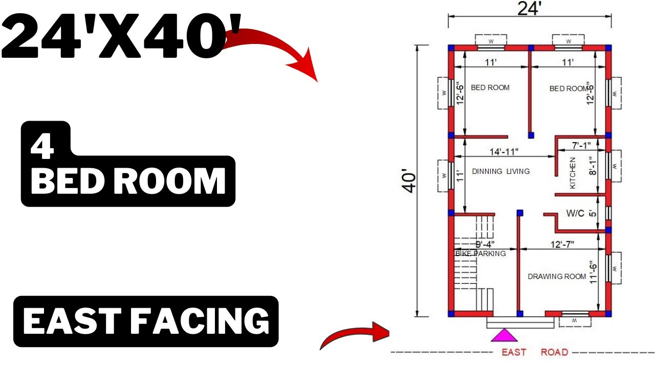 24'x40' House Plan// 24x40 Three Bed Room House Plan// East Facing ...