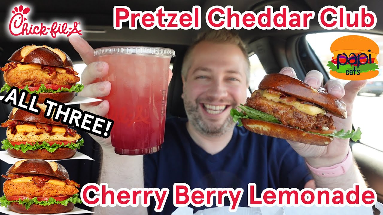 Chick-fil-A NEW Pretzel Cheddar Club Chicken Sandwich & Cherry Berry Lemonade Review - YouTube