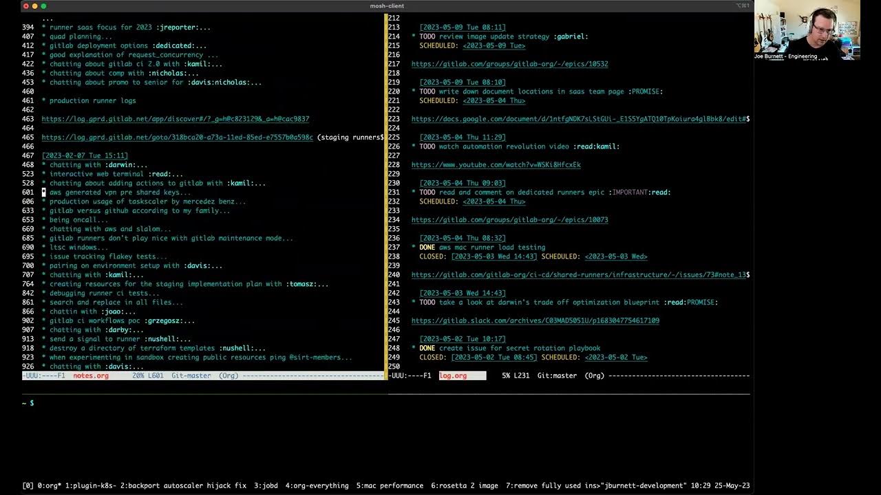 Joe Burnett -- My command-line work process (mosh, tmux, emacs, org-mode and gopls) - YouTube