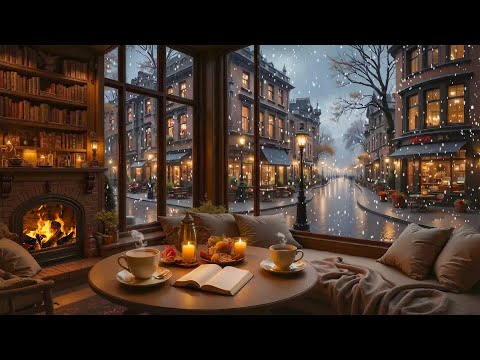 Kışın Karlı, Keyifli Kahve Ortamı 4K ❄️ Rahatlatıcı Caz Piyano ve Şömine Sesleri