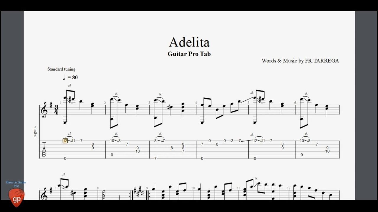 Adelita by Francisco Tárrega - Guitar Pro Tab - YouTube