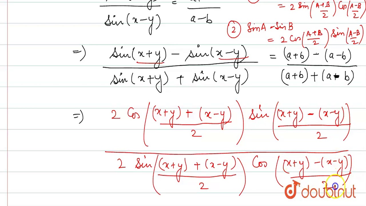 If `(sin(x+y))/(sin(x-y))=(a+b)/(a-b)` , then show that `(tanx)/(tany ...