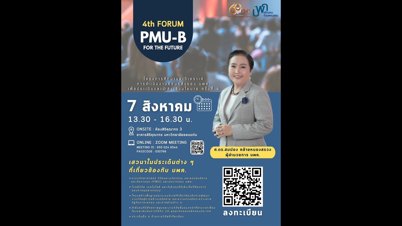 งานเสวนา PMU B for the FUTURE 4th โครงการศึกษาและวิเคราะห์การดำเนินงานย้อนหลังของ บพค. - YouTube