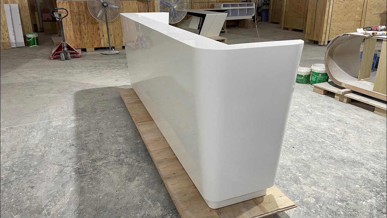 round corner white reception desk corian led reception table - YouTube